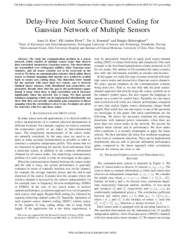 (PDF) Delay-Free Joint Source-Channel Coding for Gaussian Network of Multiple Sensors | Tor ...