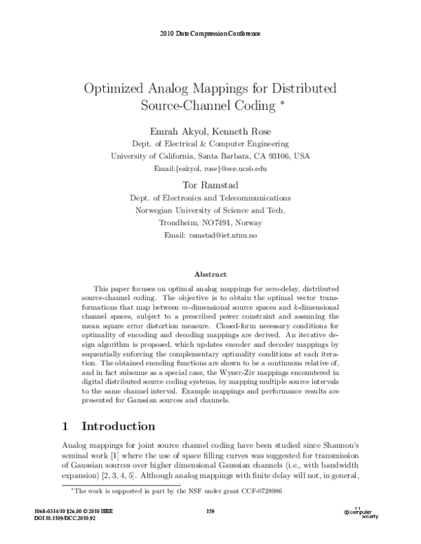 (PDF) Optimized Analog Mappings for Distributed Source-Channel Coding