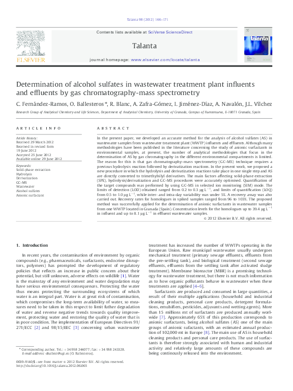 (PDF) Determination of alcohol sulfates in wastewater treatment plant ...