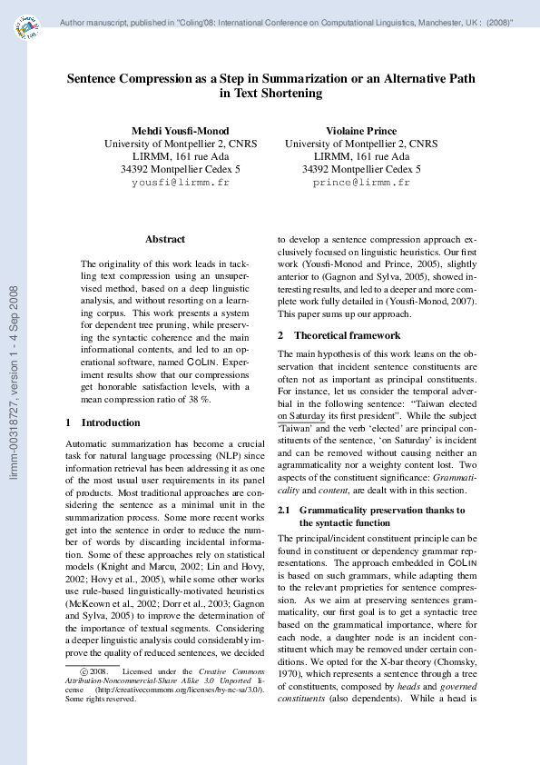 (PDF) Sentence Compression as a Step in Summarization or an Alternative Path in Text Shortening