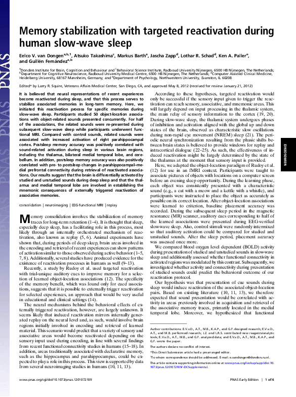 (PDF) Memory stabilization with targeted reactivation during human slow-wave sleep