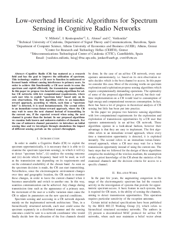 (PDF) Low-overhead Heuristic Algorithms for Spectrum Sensing in Cognitive Radio Networks