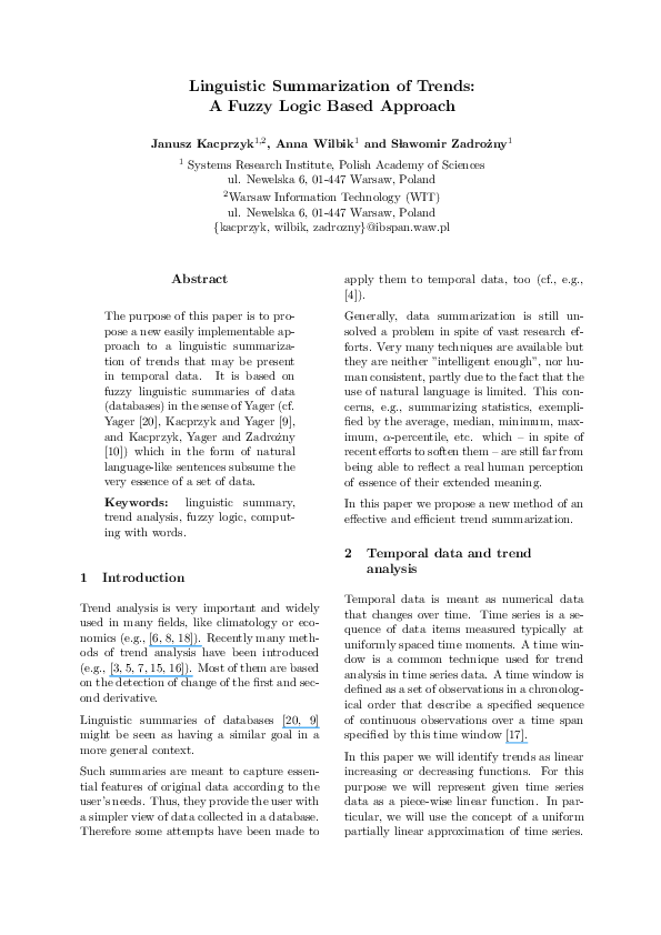 Pdf Linguistic Summarization Of Trends A Fuzzy Logic Based Approach