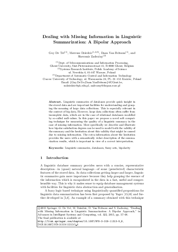 (PDF) Dealing with Missing Information in Linguistic Summarization: A Bipolar Approach