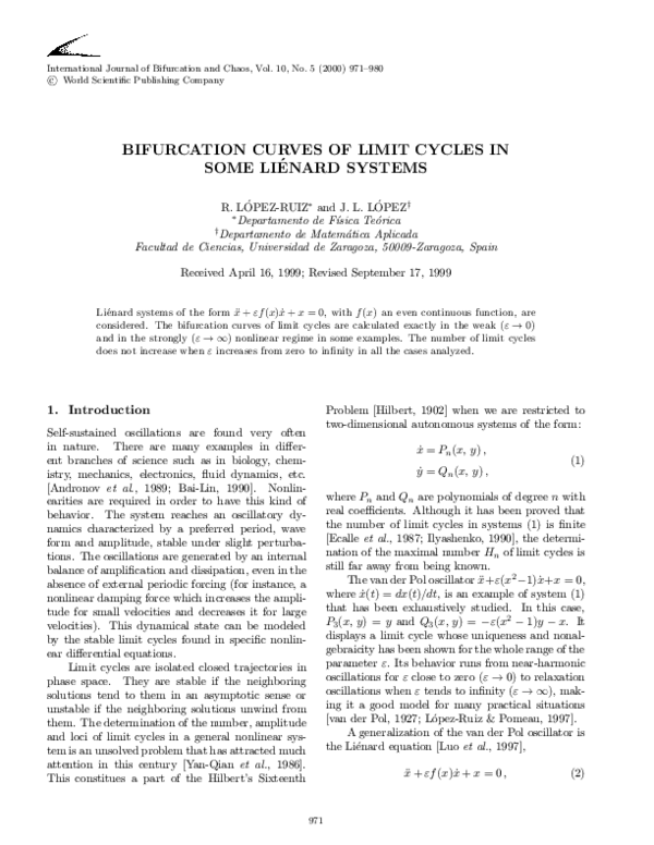 (PDF) BIFURCATION CURVES OF LIMIT CYCLES IN SOME LIÉNARD SYSTEMS