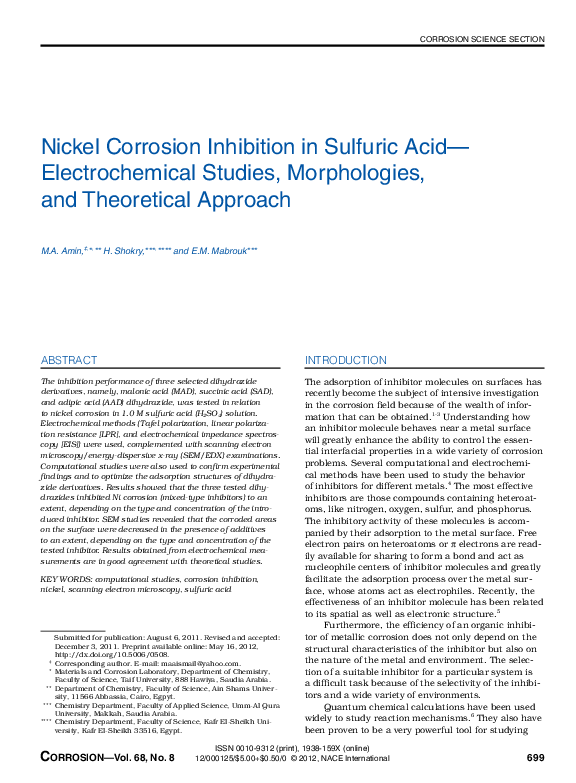 (PDF) Nickel Corrosion Inhibition in Sulfuric Acid-Electrochemical ...