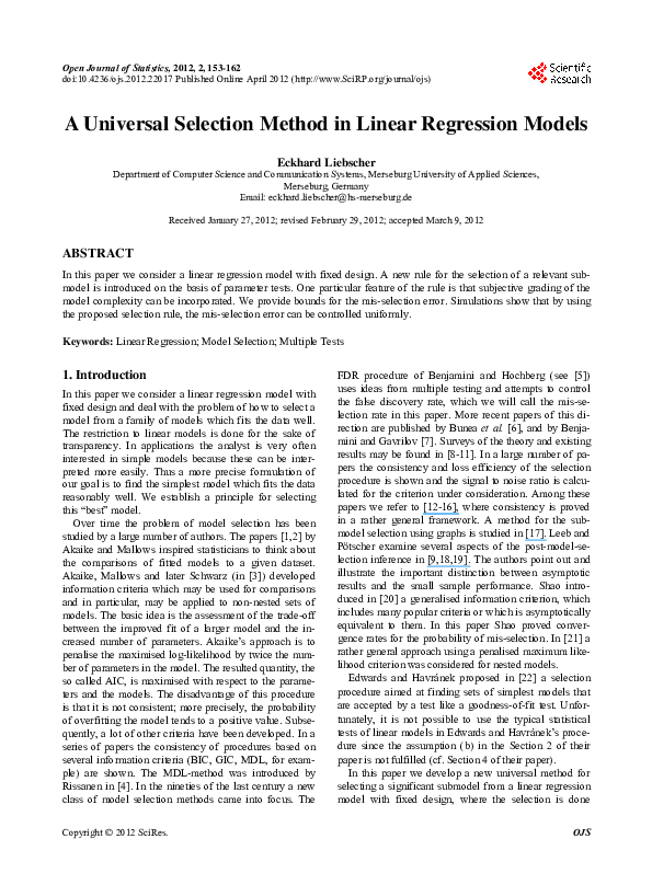 (PDF) A Universal Selection Method in Linear Regression Models
