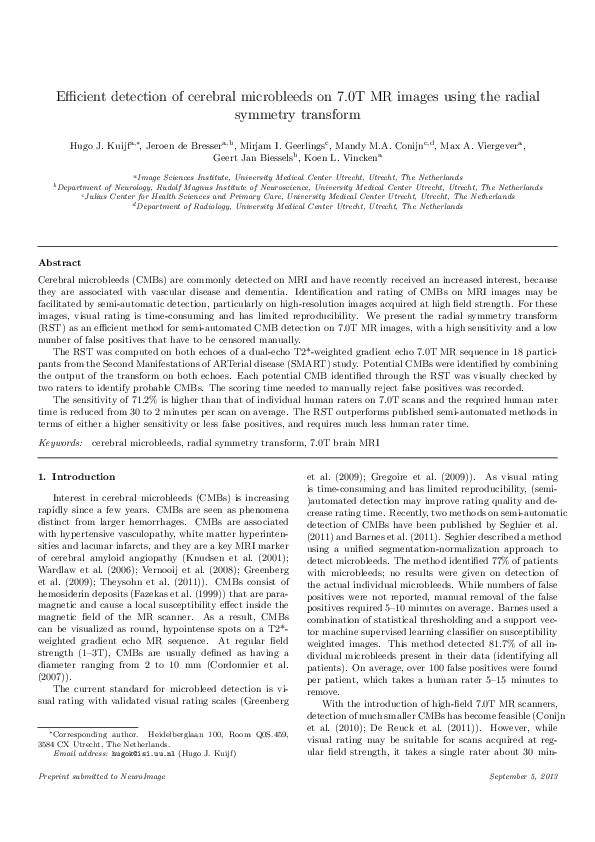 Pdf Efficient Detection Of Cerebral Microbleeds On 7 0t Mr Images Using The Radial Symmetry