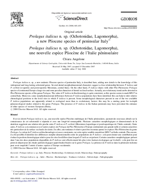 (PDF) Prolagus italicus n. sp. (Ochotonidae, Lagomorpha), a new ...