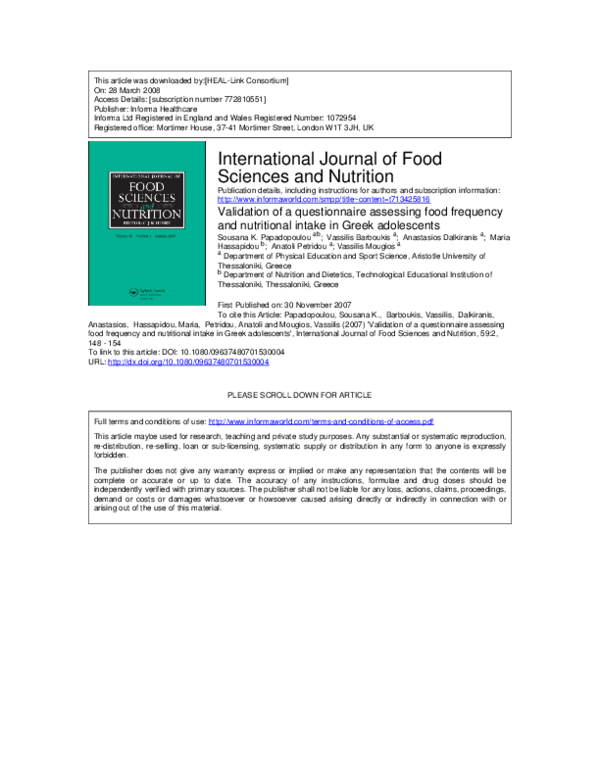 (PDF) Validation of a questionnaire assessing food frequency and nutritional intake in Greek ...