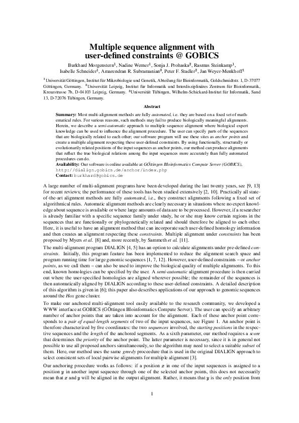 Pdf Multiple Sequence Alignment With User Defined Anchor Points Sonja Prohaska