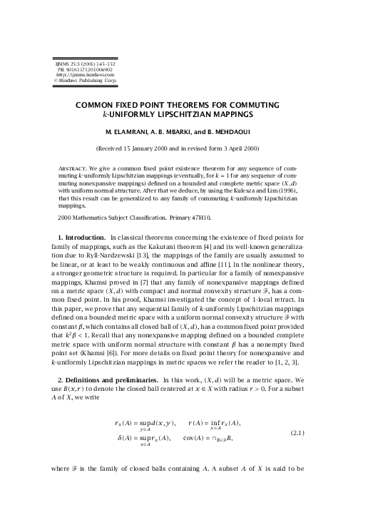 (PDF) Common fixed point theorems for commuting k-uniformly Lipschitzian mappings