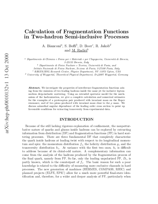 Pdf Calculation Of Fragmentation Functions In Two Hadron Semi Inclusive Processes