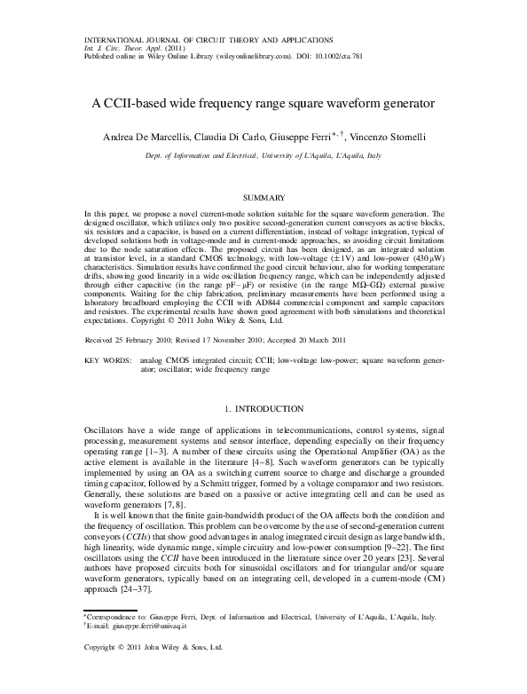Pdf A Ccii Based Wide Frequency Range Square Waveform Generator C Di Carlo