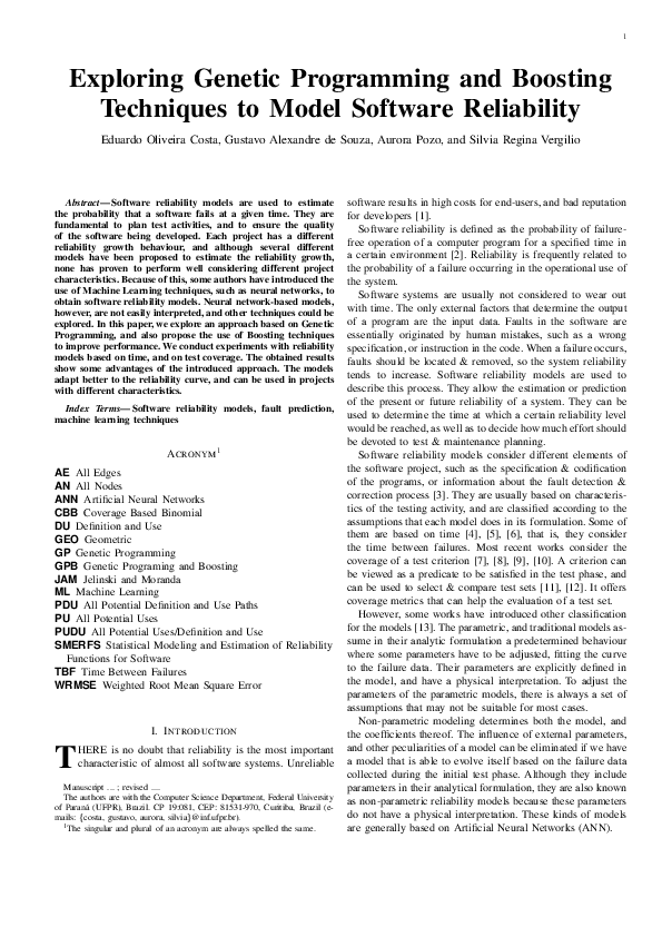 (PDF) Exploring Genetic Programming and Boosting Techniques to Model Software Reliability
