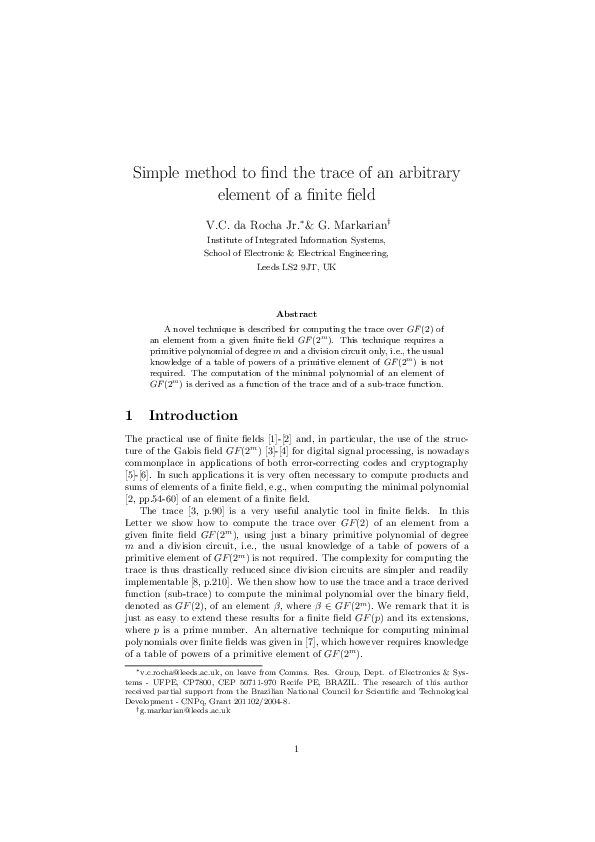 (PDF) Simple method to find trace of arbitrary element of a finite field