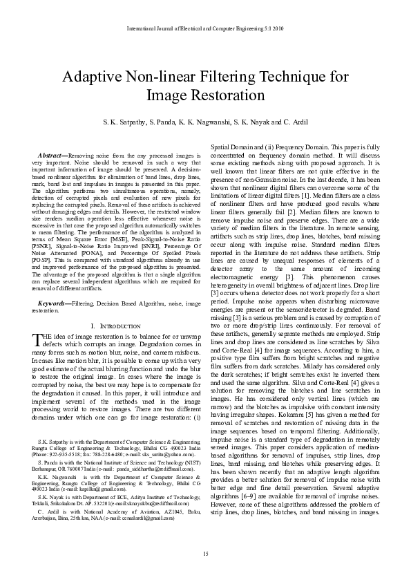 (PDF) Adaptive Non-linear Filtering Technique for Image Restoration