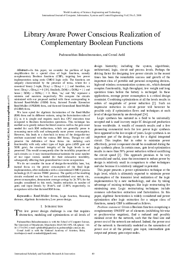 Pdf Library Aware Power Conscious Realization Of Complementary Boolean Functions