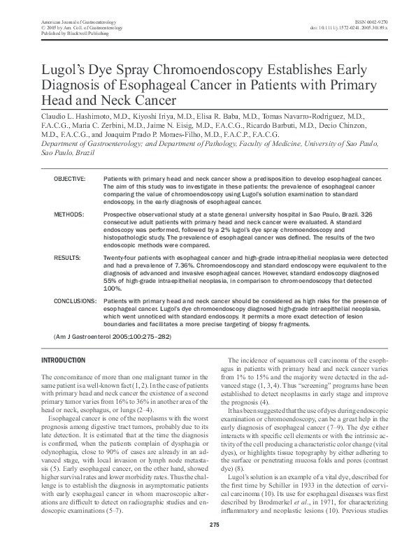 (PDF) Lugol's Dye Spray Chromoendoscopy Establishes Early Diagnosis of ...