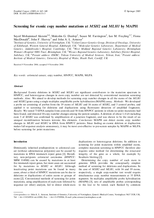 (PDF) Screening for exonic copy number mutations at MSH2 and MLH1 by MAPH