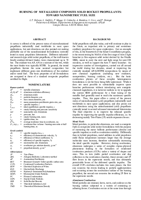 (PDF) Burning of metallized composite solid rocket propellants: from micrometric to nanometric ...