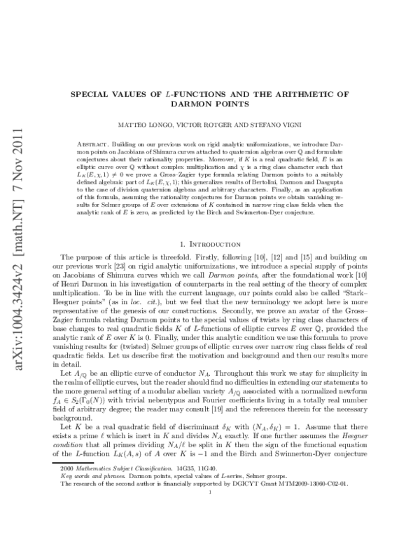 (PDF) Special values of L-functions and the arithmetic of Darmon points