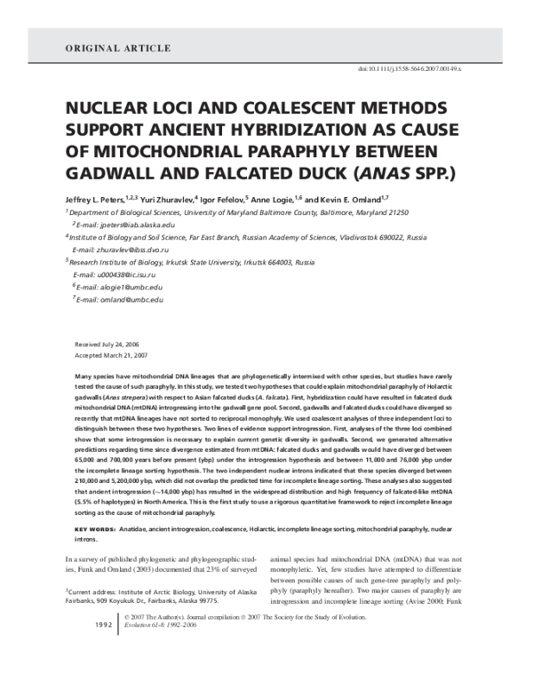 (PDF) NUCLEAR LOCI AND COALESCENT METHODS SUPPORT ANCIENT HYBRIDIZATION ...