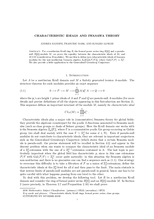 (PDF) Characteristic ideals and Iwasawa theory | Francesc Bars ...