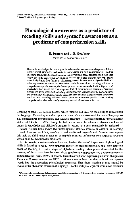 (PDF) Phonological awareness as a predictor of recoding skills and syntactic awareness as a ...