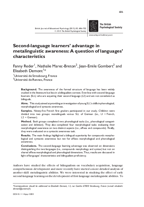 Pdf Second Language Learners Advantage In Metalinguistic Awareness A Question Of Languages