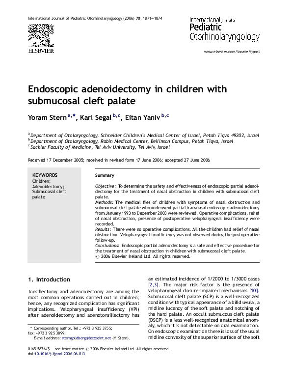 (PDF) Endoscopic adenoidectomy in children with submucosal cleft palate
