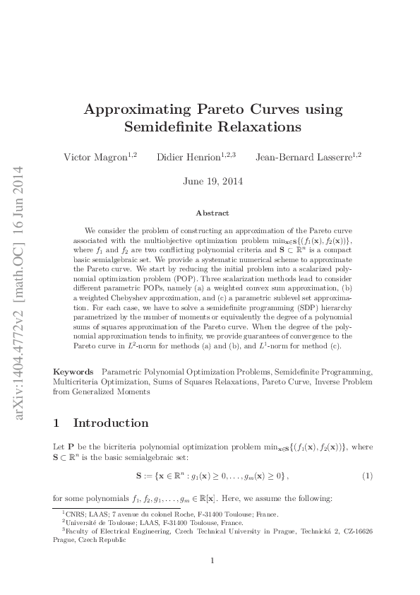 (PDF) Approximating Pareto curves using semidefinite relaxations