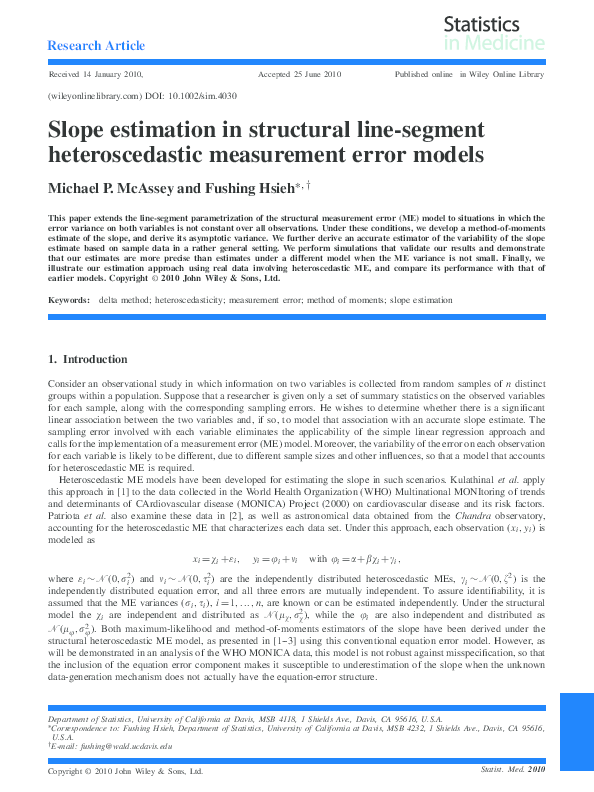 (PDF) Slope estimation in structural line-segment heteroscedastic measurement error models