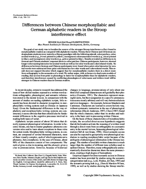 (PDF) Differences between Chinese morphosyllabic and German alphabetic readers in the Stroop ...