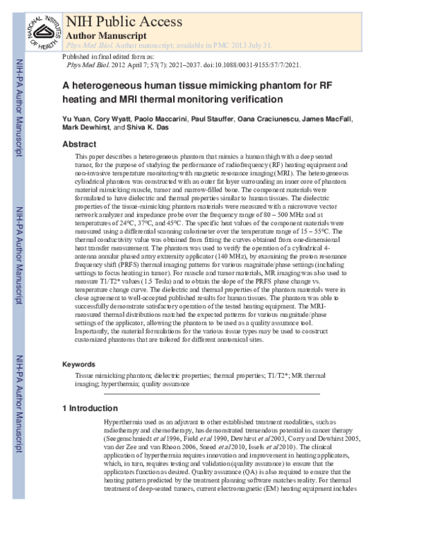 (PDF) A heterogeneous human tissue mimicking phantom for RF heating and ...