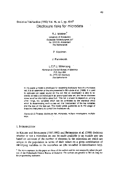 (PDF) Disclosure risks for microdata