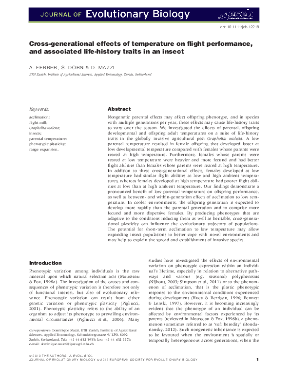(PDF) Cross-generational effects of temperature on flight performance ...