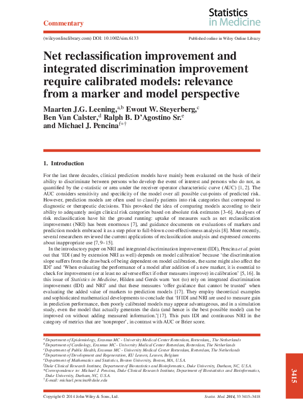 (PDF) Net reclassification improvement and integrated discrimination ...