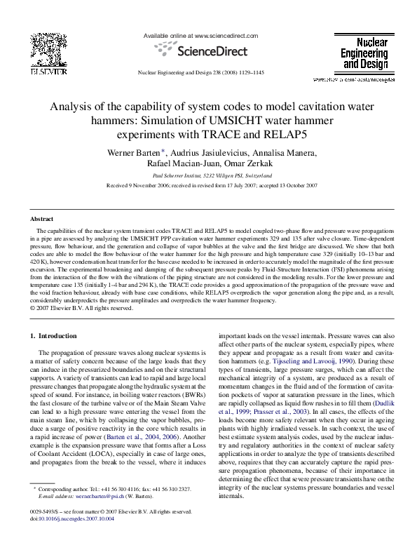 (PDF) Analysis of the capability of system codes to model cavitation ...