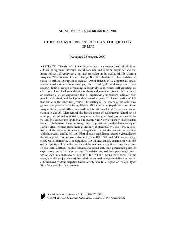 (PDF) Ethnicity, Modern Prejudice and the Quality of Life