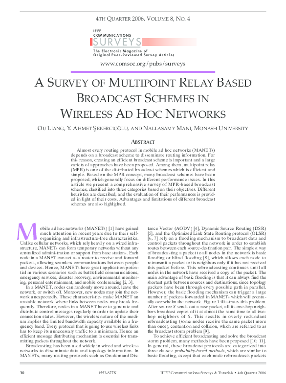Pdf A Survey Of Multipoint Relay Based Broadcast Schemes In Wireless Ad Hoc Networks