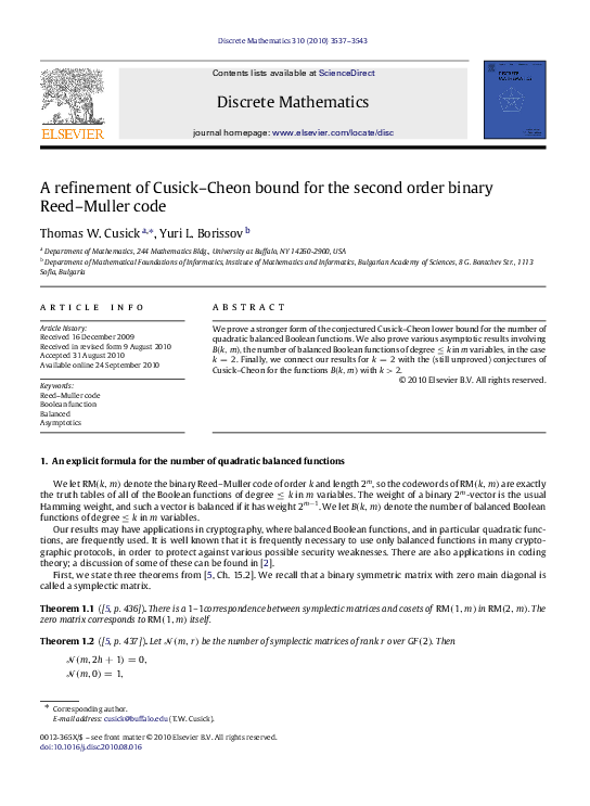 Pdf A Refinement Of Cusick Cheon Bound For The Second Order Binary Reed Muller Code 
