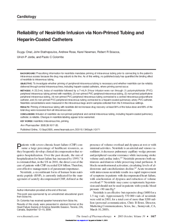 (PDF) Reliability of Nesiritide Infusion via Non-Primed Tubing and ...