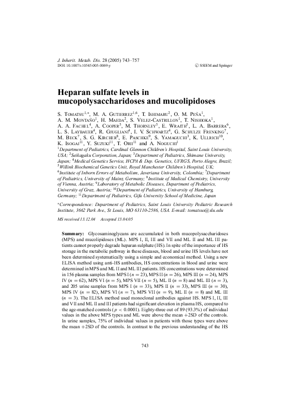 (PDF) Heparan sulfate levels in mucopolysaccharidoses and mucolipidoses