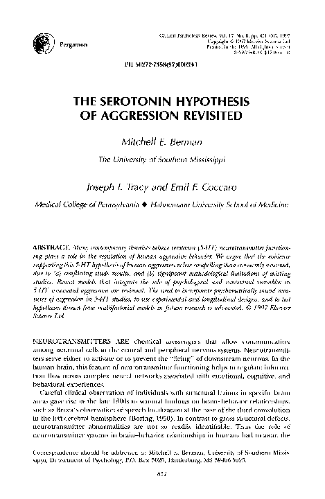 (PDF) The serotonin hypothesis of aggression revisited