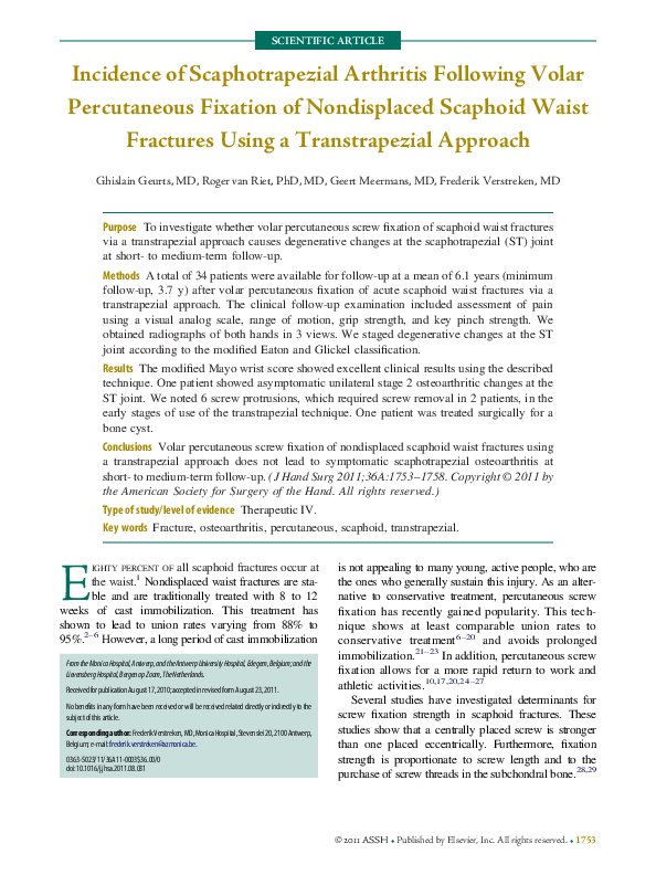 (PDF) Incidence of Scaphotrapezial Arthritis Following Volar ...
