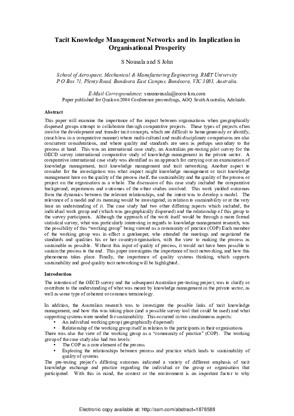 (PDF) Tacit Knowledge Management Networks and its Implication in Organisational Prosperity