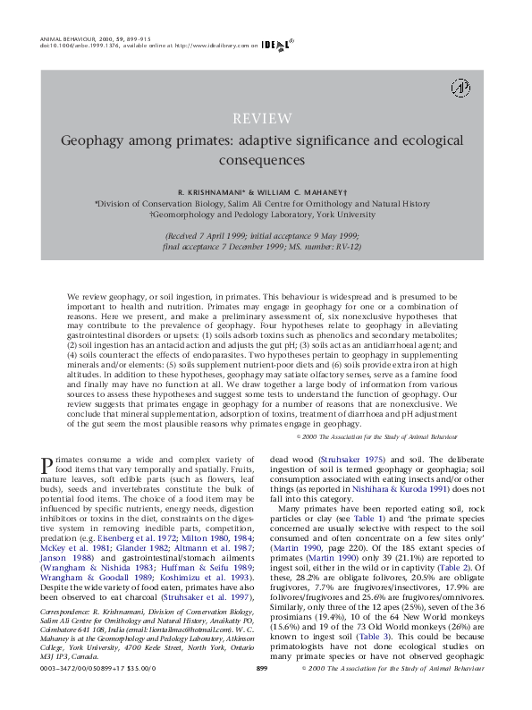 (PDF) Geophagy among primates: adaptive significance and ecological ...