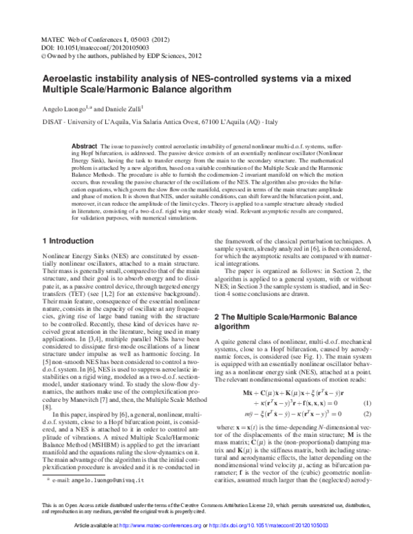 (PDF) Aeroelastic Control via NES and Bifurcation Analysis