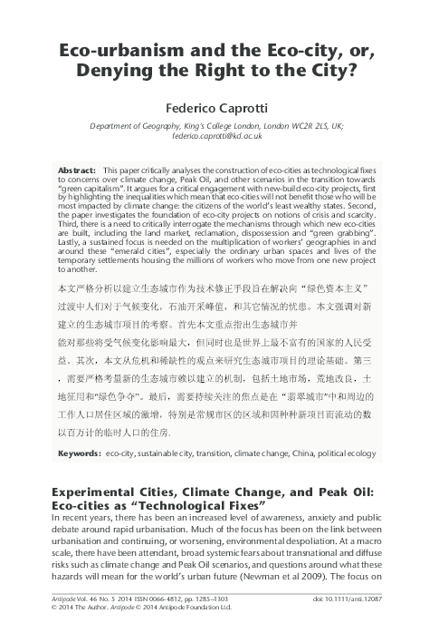(PDF) Caprotti F (2014) Eco-urbanism and the Eco-city, or, Denying the ...